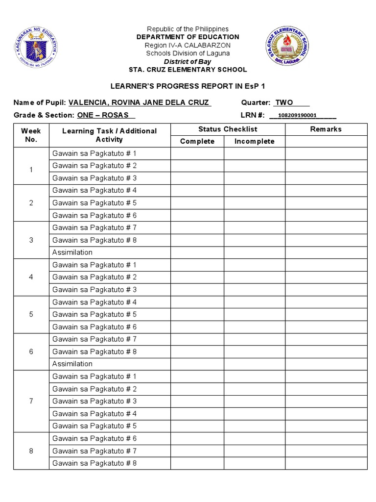 LEARNERS PROGRESS REPORT EsP | PDF