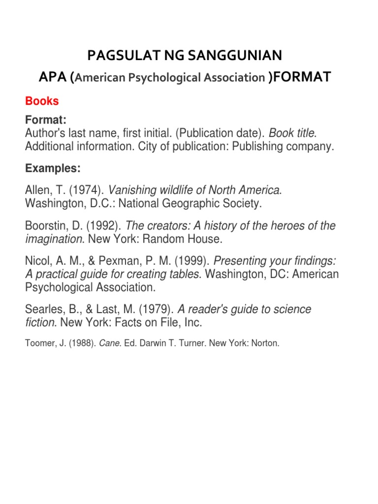 Pagsulat NG Sanggunian Apa Format: American Psychological Association ...