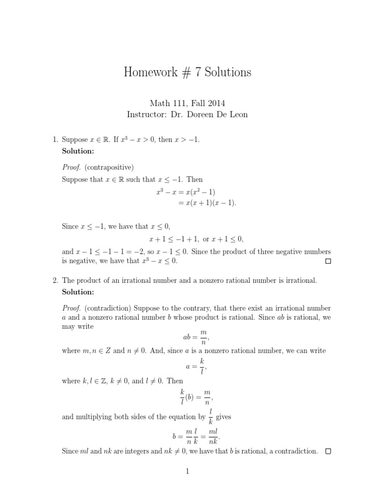 Homework # 7 Solutions: Math 111, Fall 2014 Instructor: Dr. Doreen de Leon | PDF | Mathematical ...