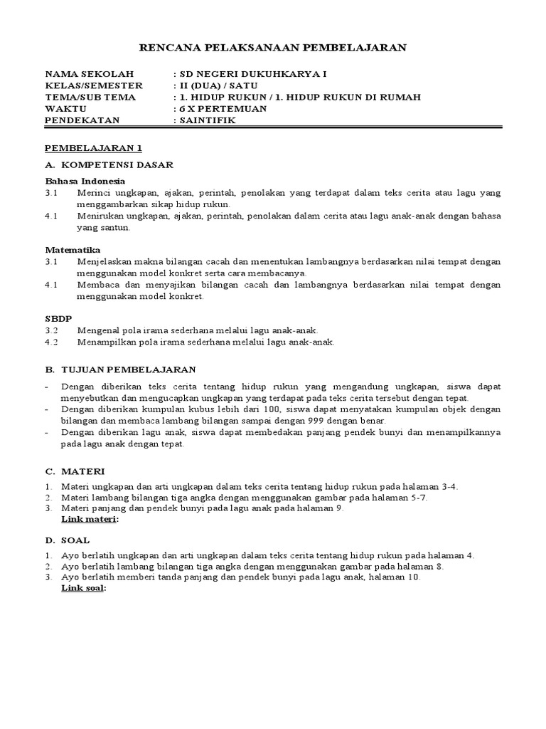 Contoh RPP Kelas 2 Tema 1 Subtema 1 Daring | PDF