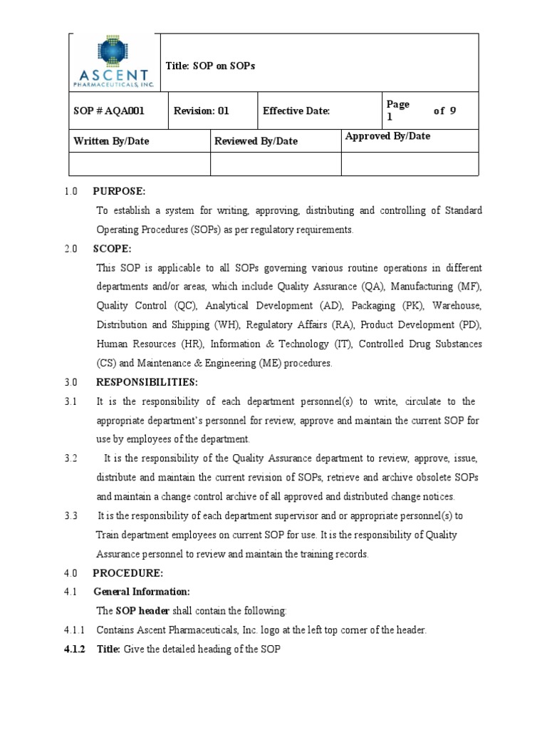 SOP Template | PDF | Quality Assurance | Times New Roman