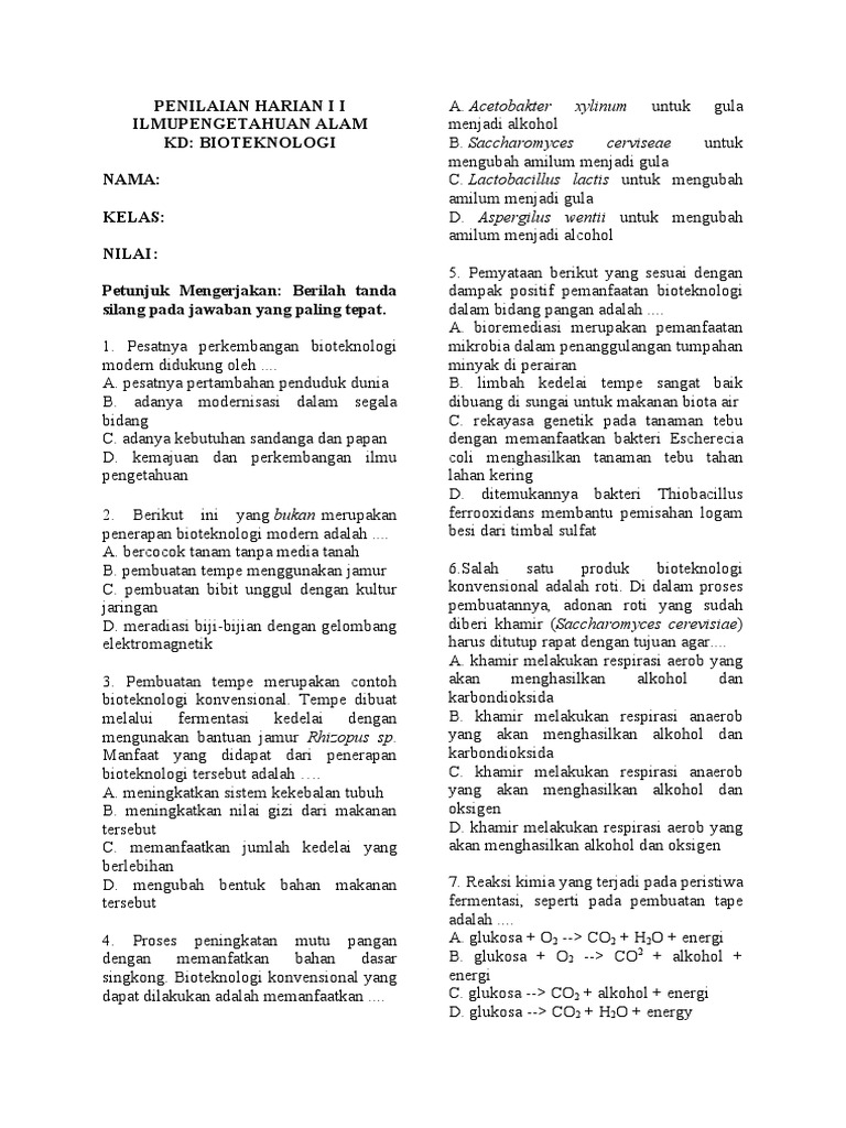 Penilaian Harian IPA Materi Bioteknologi Kelas 9 SMPN 1 TABA | PDF