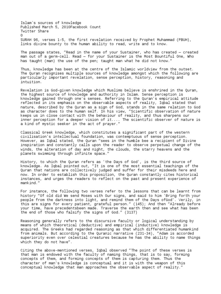 Sources of Knowledge in Islam | PDF | Quran | Islam