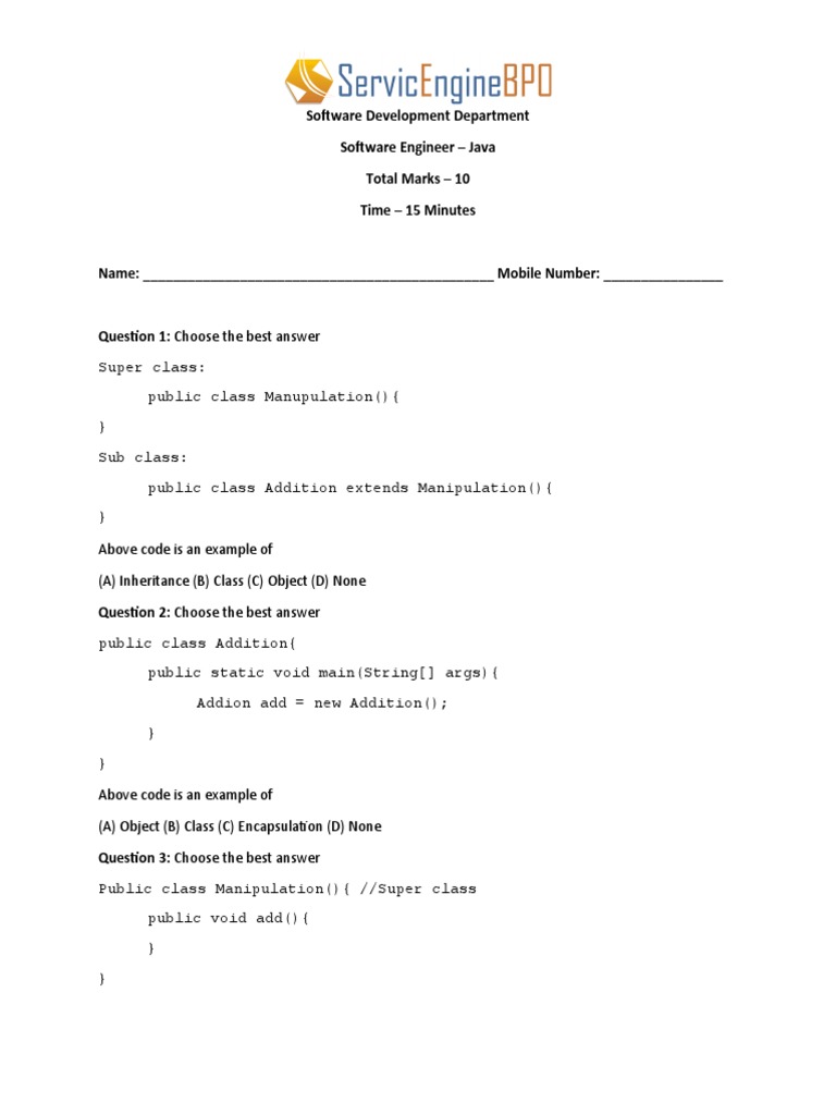 Software Engineer Java Questions Pdf Method Computer Programming Class Computer