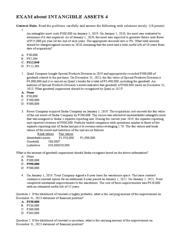 Intangible Assets Exam Questions & Solutions | PDF | Goodwill ...
