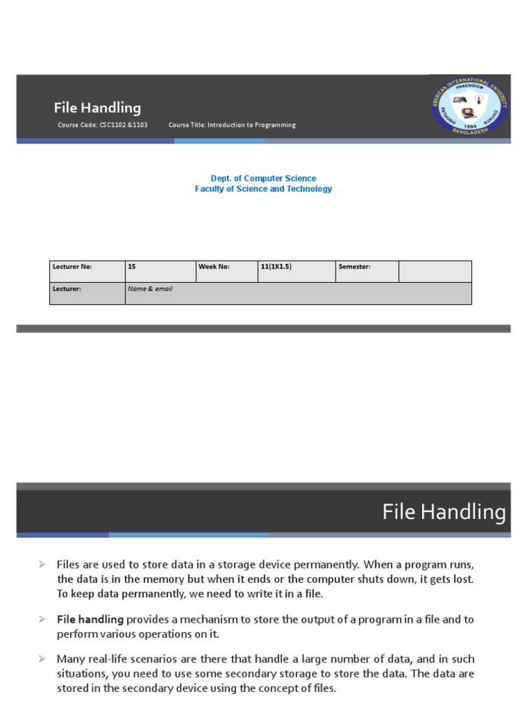 Lecture 15 File Handling | PDF | Computer File | Computer Data Storage
