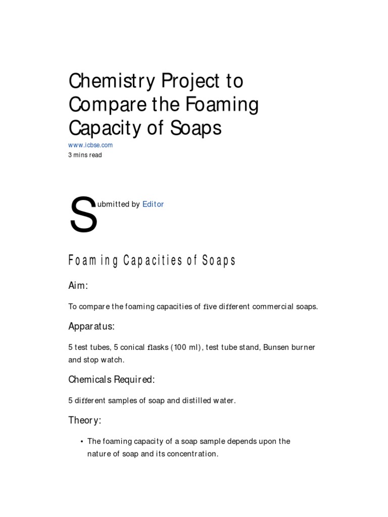 Chemistry Project To Compare The Foaming Capacity of Soaps | PDF | Foam | Water