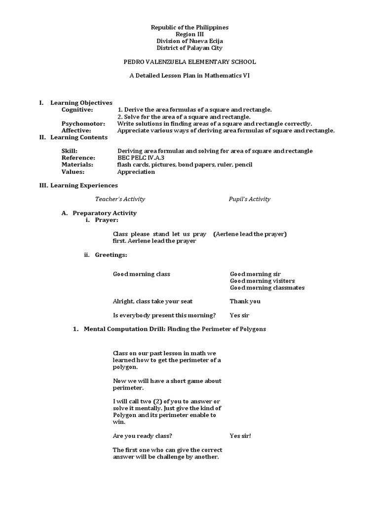 Area and Perimeter Lesson Plan for Grade 6 | PDF | Polygon | Area