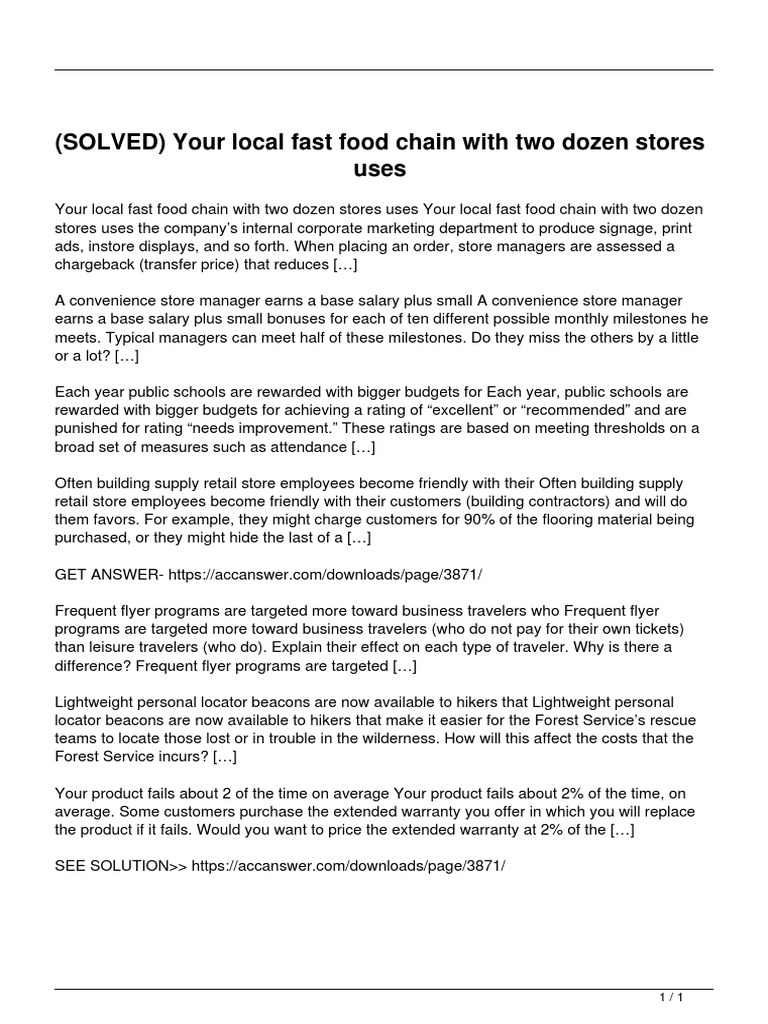 Solved Your Local Fast Food Chain With Two Dozen Stores Uses | PDF ...