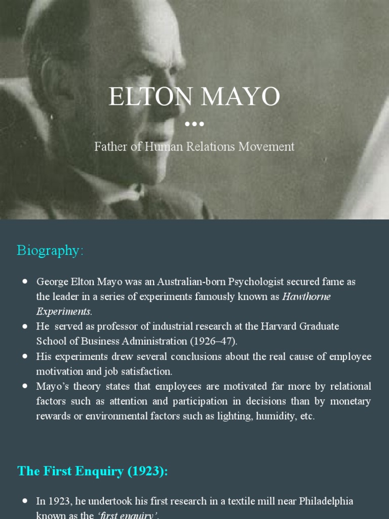 Elton Mayo: Father of Human Relations Movement | PDF | Applied ...