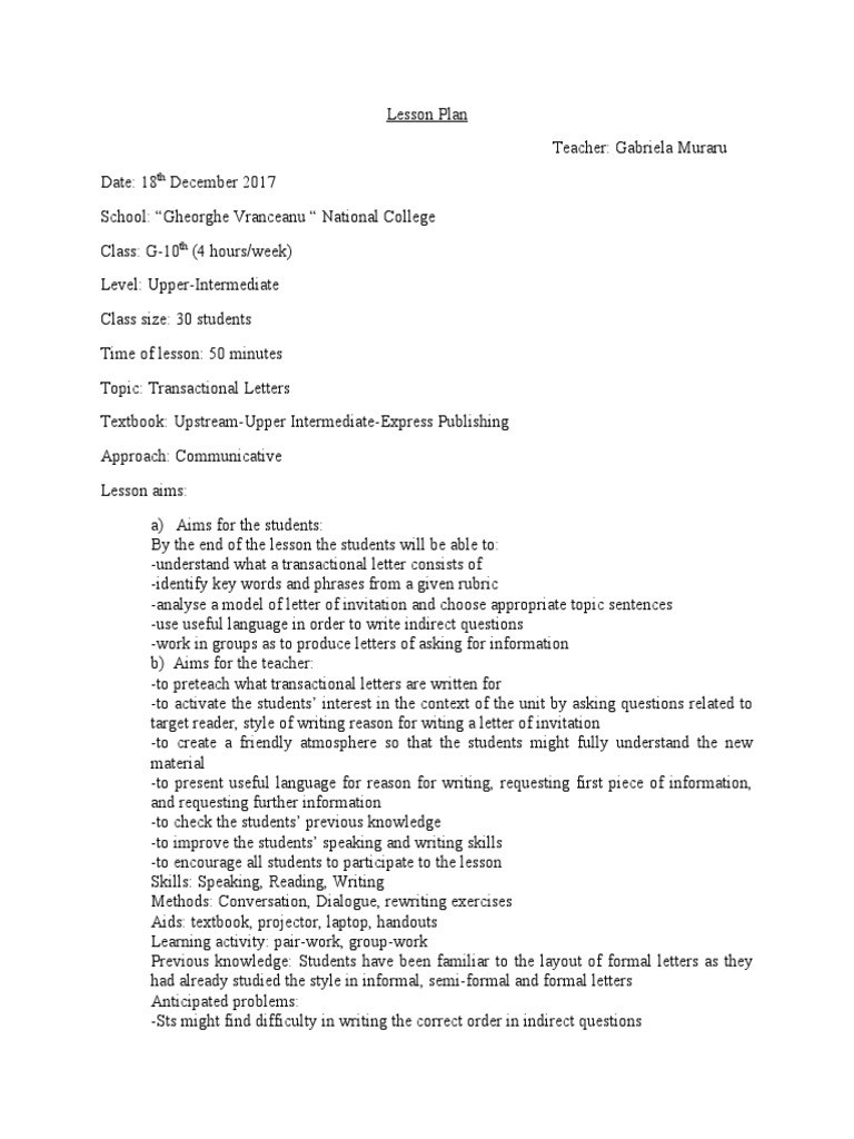 Lesson Plan 10 Transactional Letters | PDF | Question | Lesson Plan