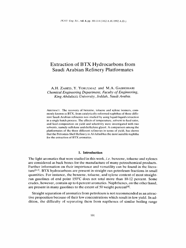 Extraction of BTX Hydrocarbons From Saudi Arabian Refinery Platformates ...