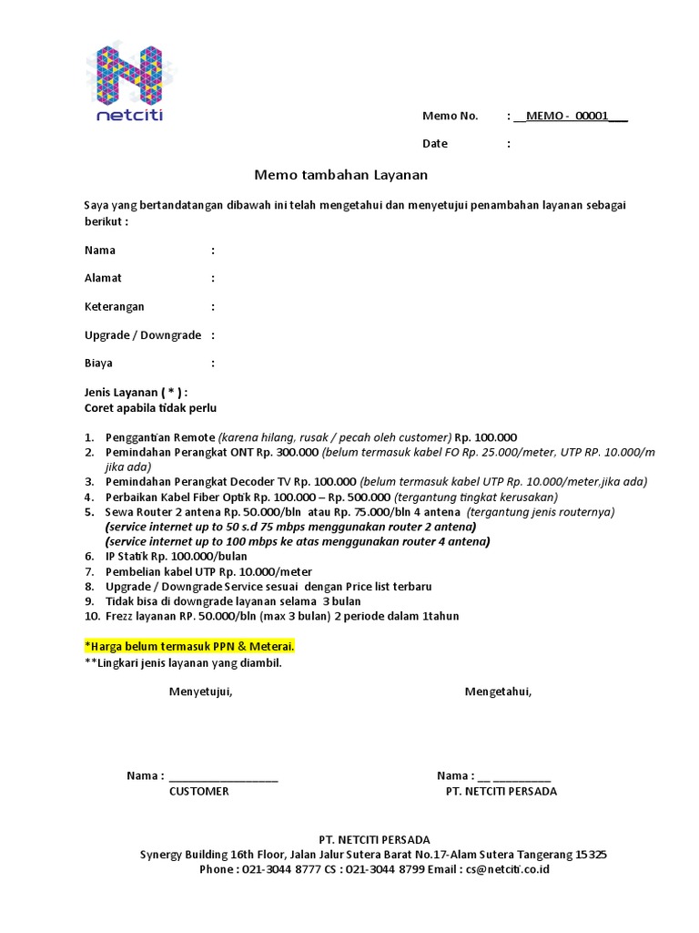 Memo Penambahan Layanan Netciti | PDF