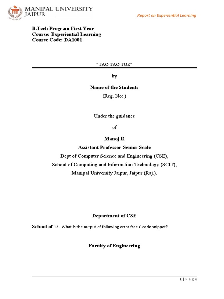Experiential Learning Report First Page Template 2020-21 First Semester ...
