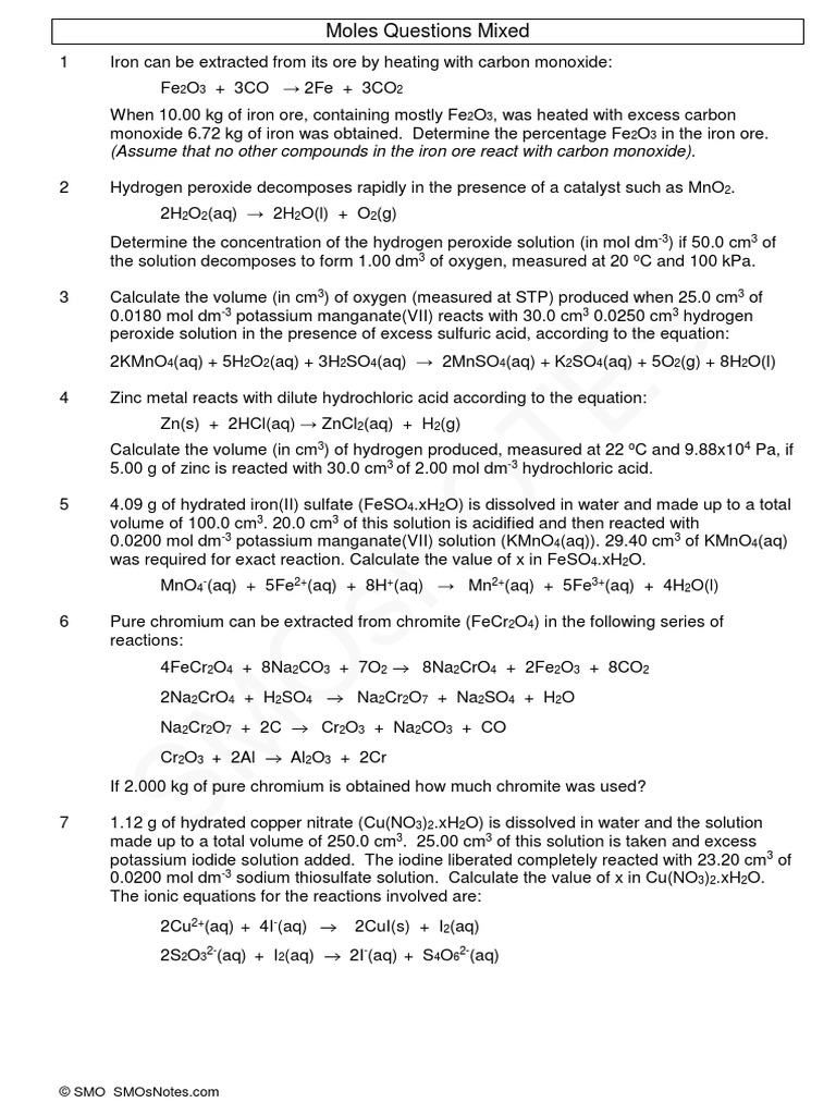 Moles Questions for Chemistry Practice | PDF | Mole (Unit) | Iron