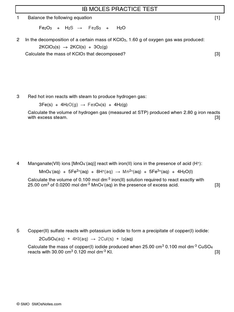 Moles-Practice-Test-Topic 1 | PDF