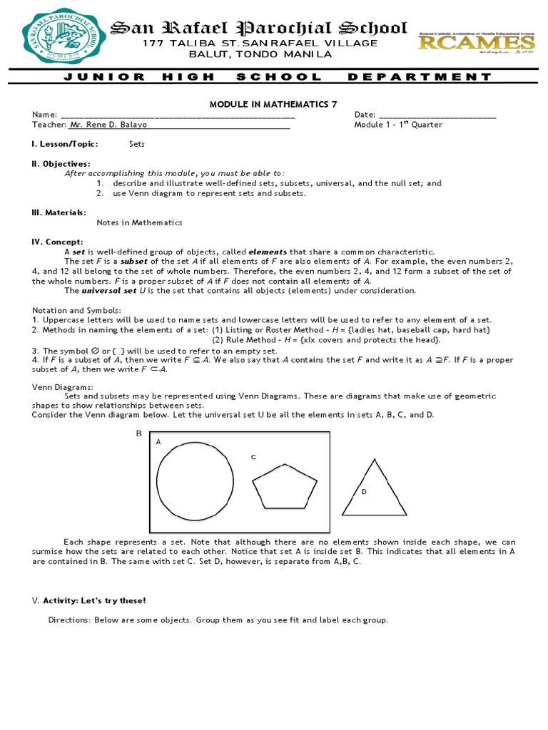 Module 1 1st Quarter Math 7 | PDF | Set (Mathematics) | Mathematical ...