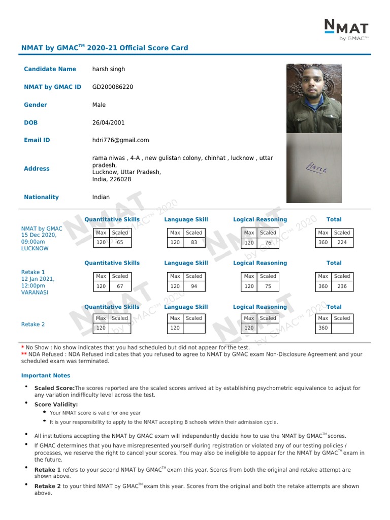 NMAT Score Card for Harsh Singh | PDF | Graduate Management Admission ...