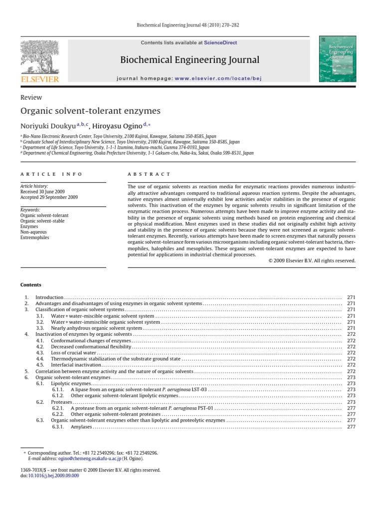 Biochemical Engineering Journal: Organic Solvent-Tolerant Enzymes | PDF ...
