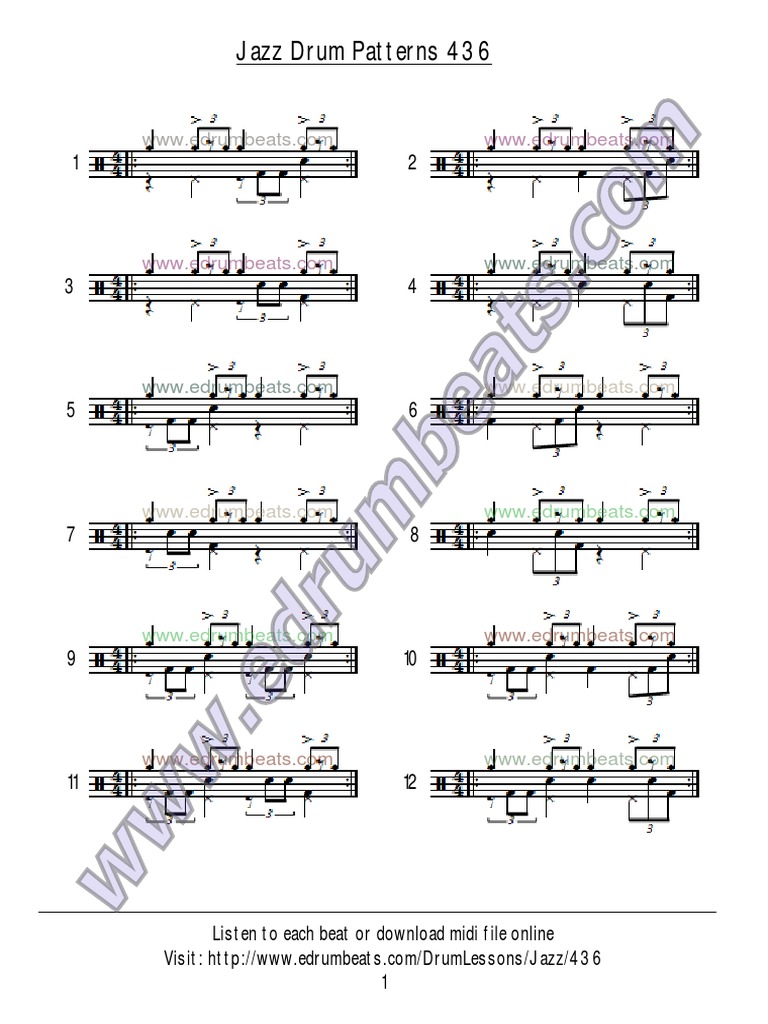 Jazz Drum Patterns 436 Listen To Each Beat Or Download Midi File Online 1 Pdf
