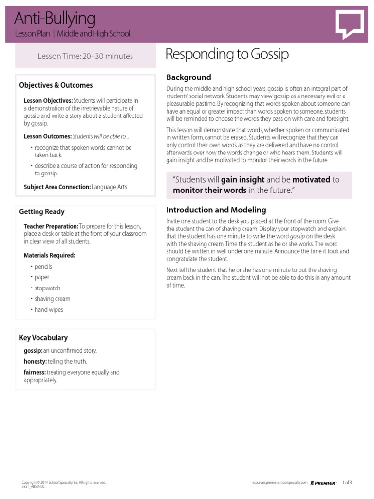 Responding To Gossip: Lesson Time: 20-30 Minutes | PDF | Affect ...