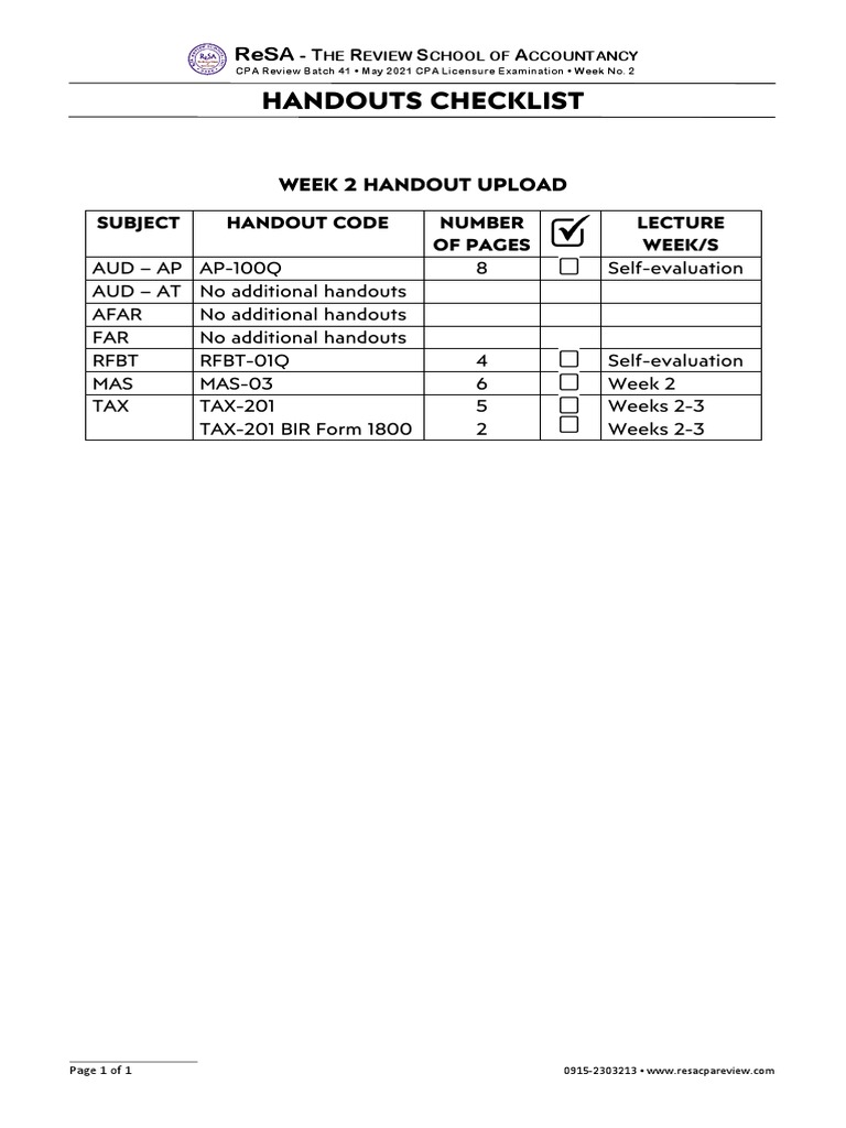 Handouts Checklist: Week 2 Handout Upload | PDF