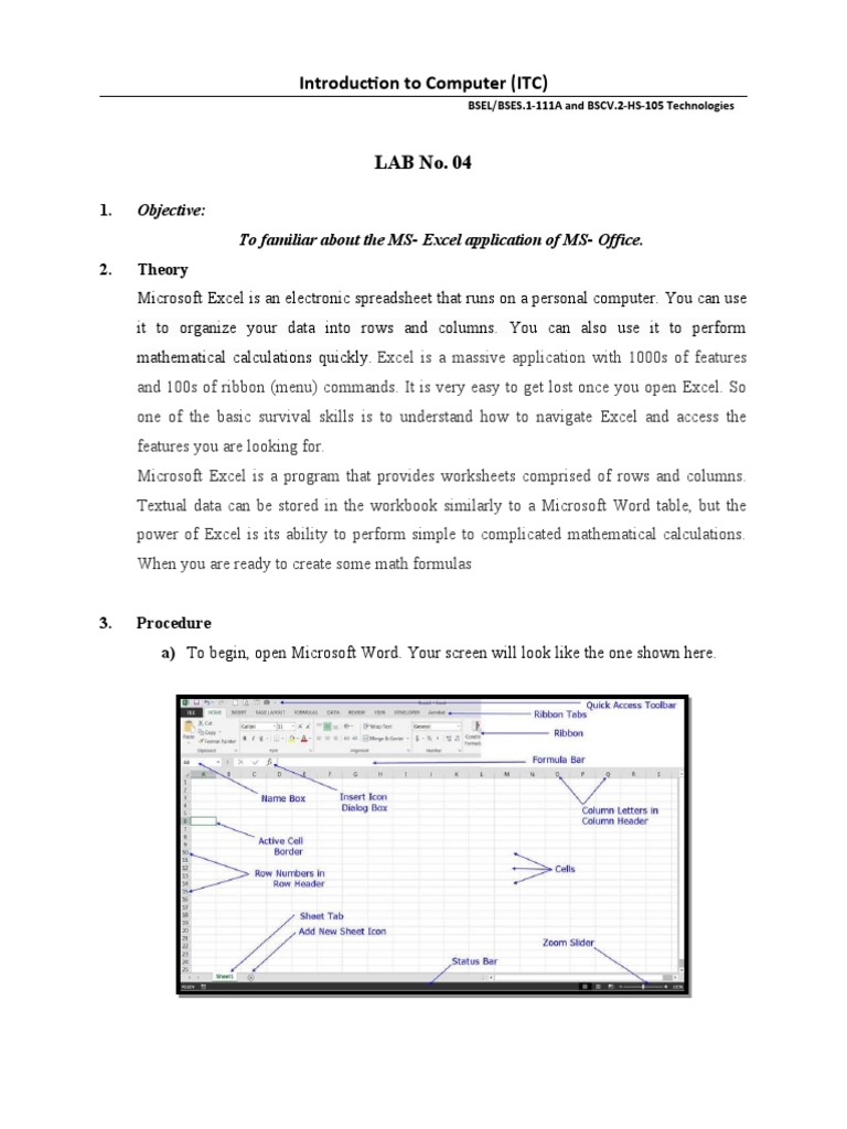 Introduction To Computer (ITC) : Objective: To Familiar About The MS-Excel Application of MS ...