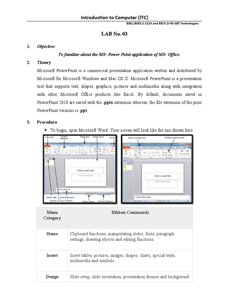 Introduction To Computer (ITC) LAB No. 03: Objective: To Familiar About The MS-Power Point ...
