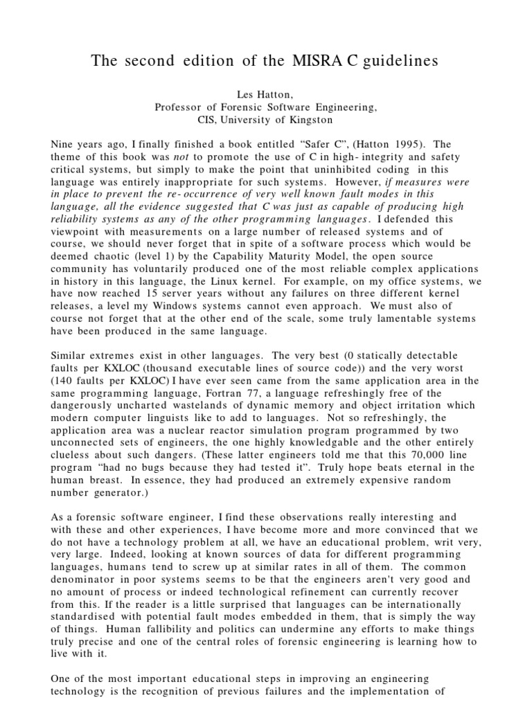 The Second Edition of The MISRA C Guidelines | PDF | C (Programming Language) | Software Bug