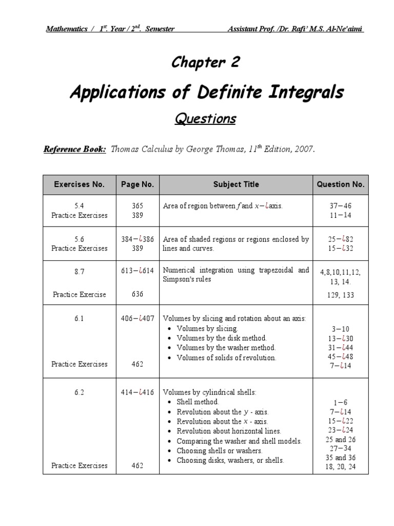 Applications of Definite Integrals: Questions | PDF | Volume | Area