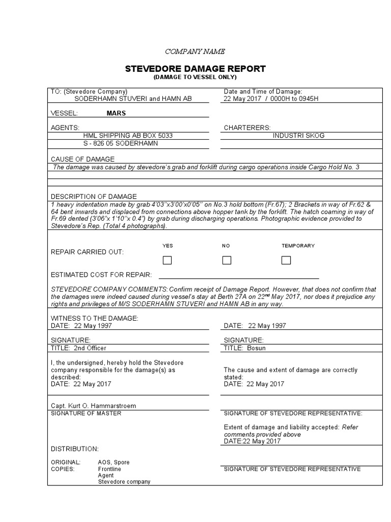 Stevedore Damage Report: Company Name | PDF | Shipping | Ships