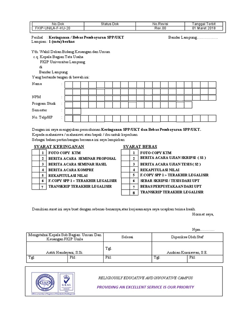 Borang Keringanan Dan Bebas UKT 2019 | PDF