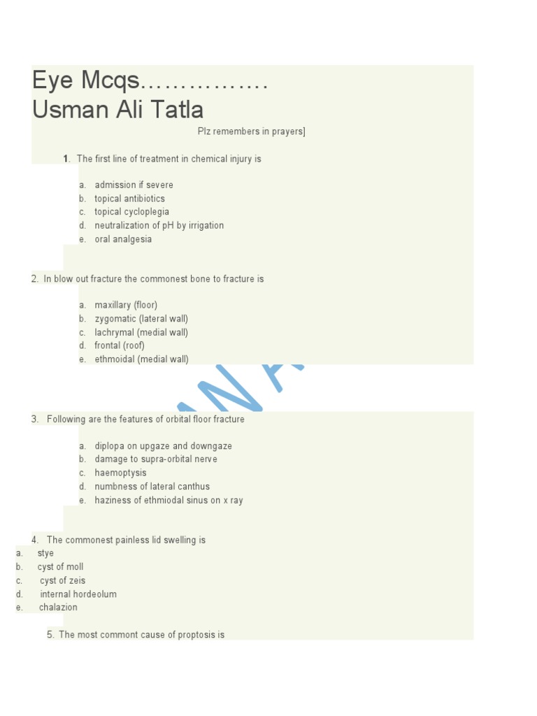 Eye Mcqs . Usman Ali Tatla | PDF | Glaucoma | Cataract