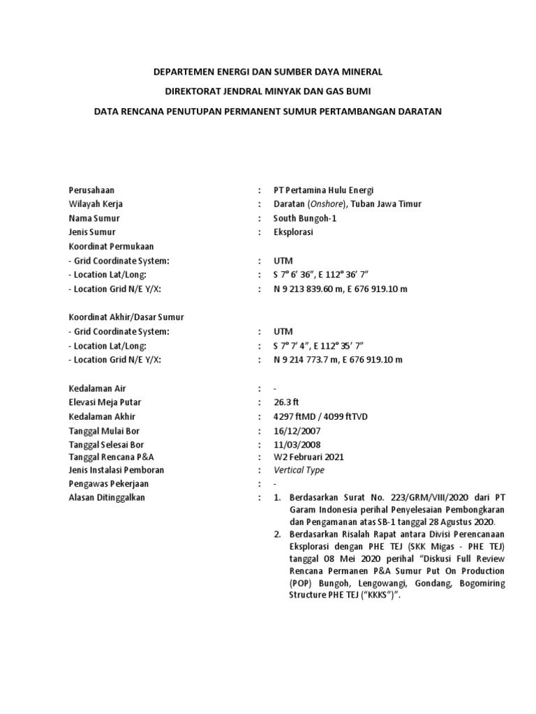 Form IX Departemen ESDM Dir Jendaral Migas Untuk Data Rencana Penutupan Pemanent Sumur ...
