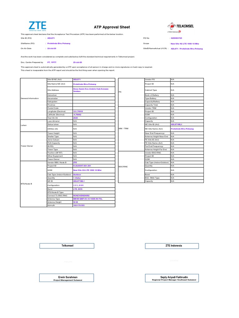 ATP Approval Sheet ATP Approval Sheet: Telkomsel ZTE Indonesia | PDF ...
