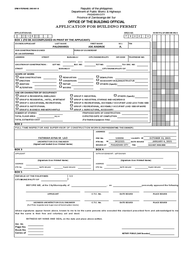 Application For Building Permit: Office of The Building Official ...