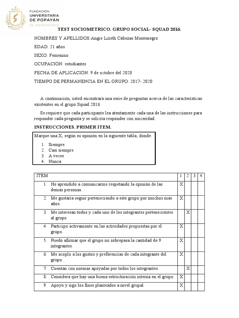 Test Sociométrico del Grupo Squad 2016 | PDF