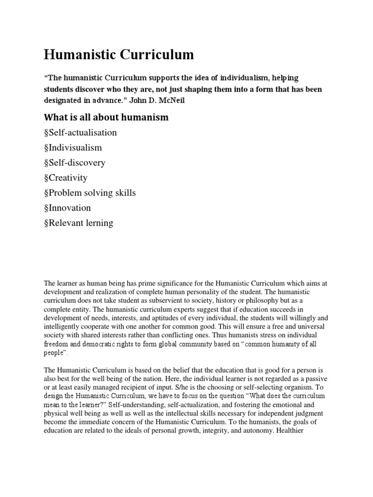 Humanistic Curriculum: What Is All About Humanism | PDF | Self ...