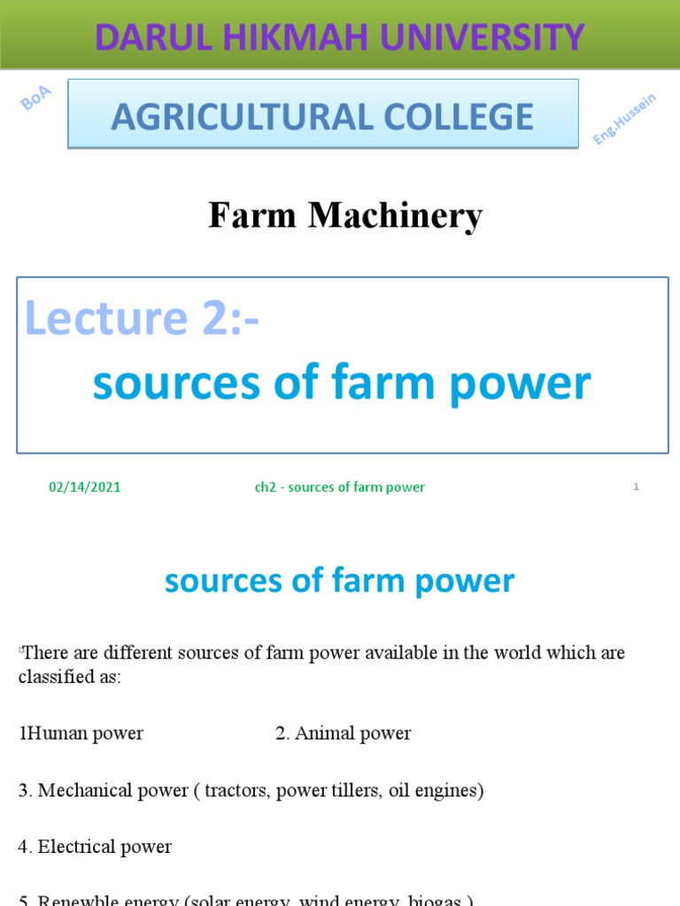 Lecture2 - Sources of Farm Power | PDF | Solar Energy | Engines