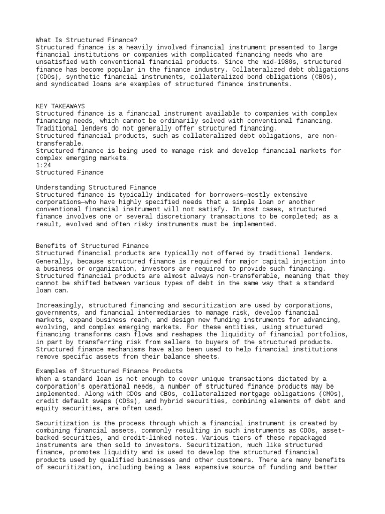 What is Structured Finance | PDF | Securitization | Collateralized Debt ...