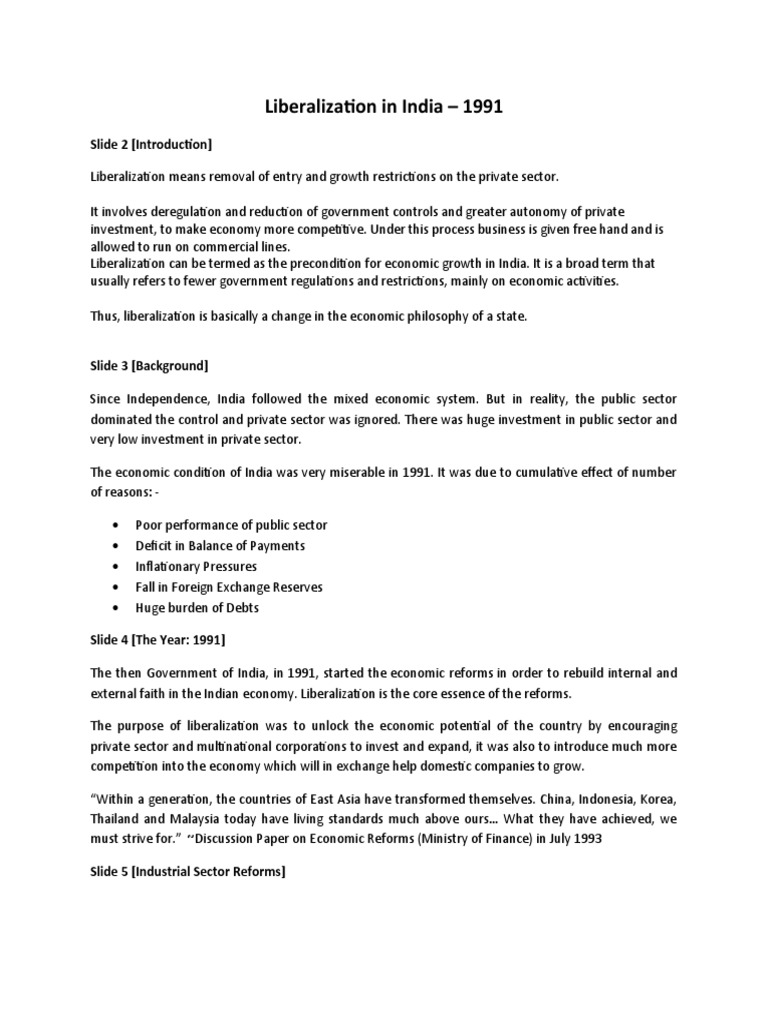 Liberalization in India - 1991: Slide 2 (Introduction) | PDF ...