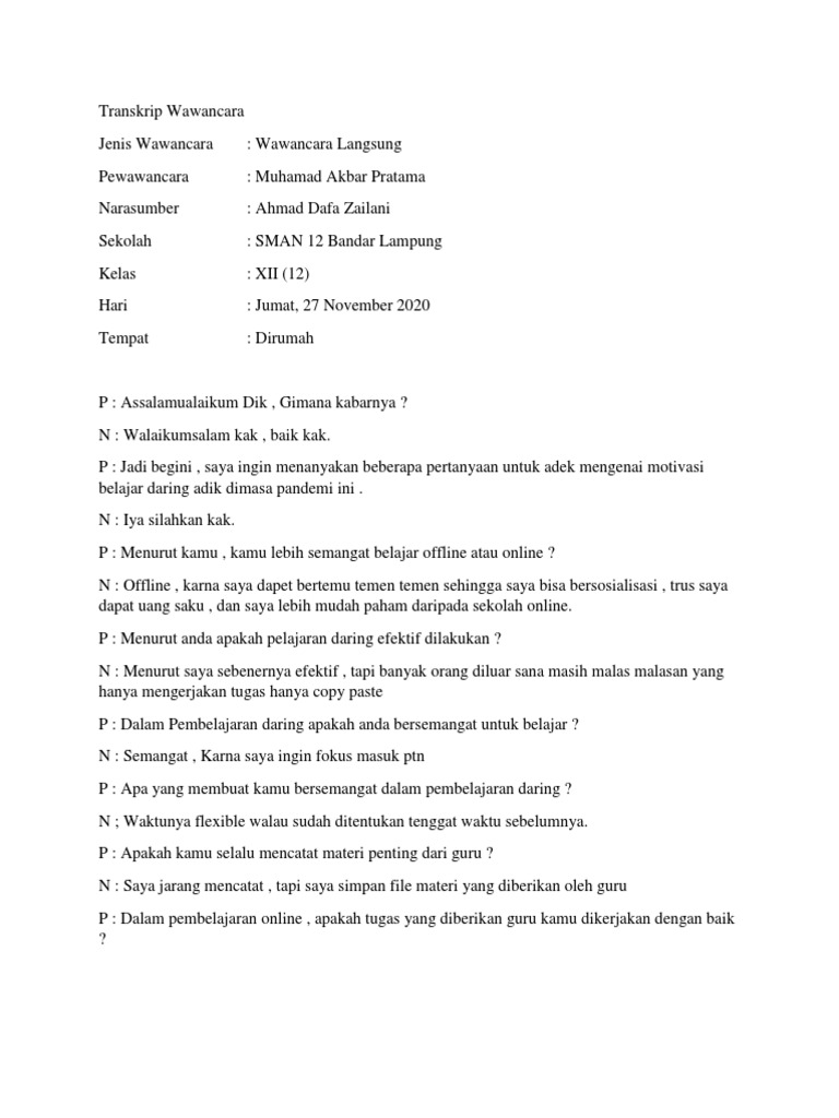 Transkrip Coding Wawancara M Akbar Pratama 1913052009 | PDF