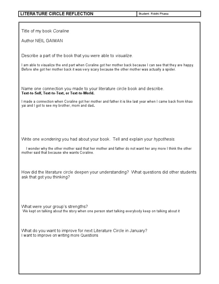 Coraline Literature Circle Reflection | PDF | General Fiction