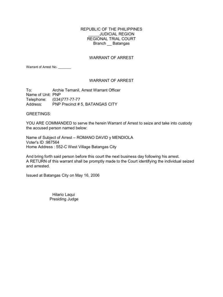 Sample Warrant of Arrest Template | PDF