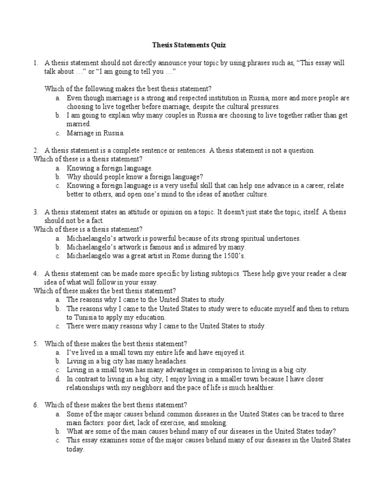 Thesis Statements Quiz | PDF | Thesis | Essays