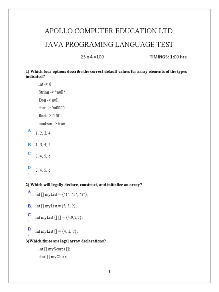 Apollo Computer Education Ltd Java Programing Language Test Pdf Array Data Type Integer
