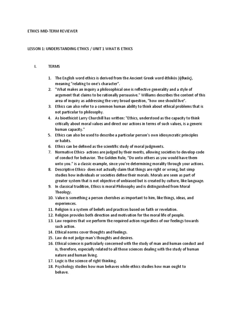 MIDTERM REVIEWER Ethics | PDF | Value (Ethics) | Morality