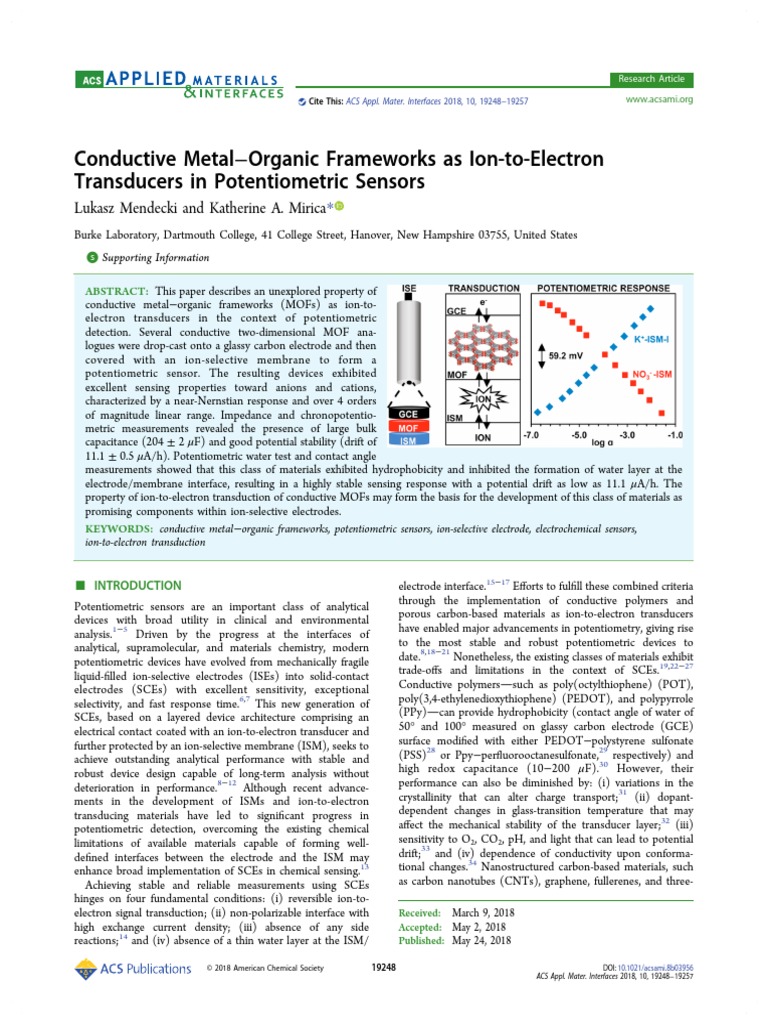 Conductive Metal Organic Frameworks As Ion-to-Electron Transducers in Potentiometric Sensors ...