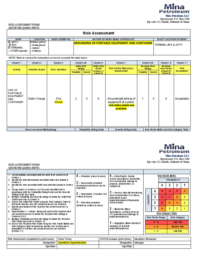 Risk Assesment - Sop-015 Grounding of Portable Equipment and Container ...
