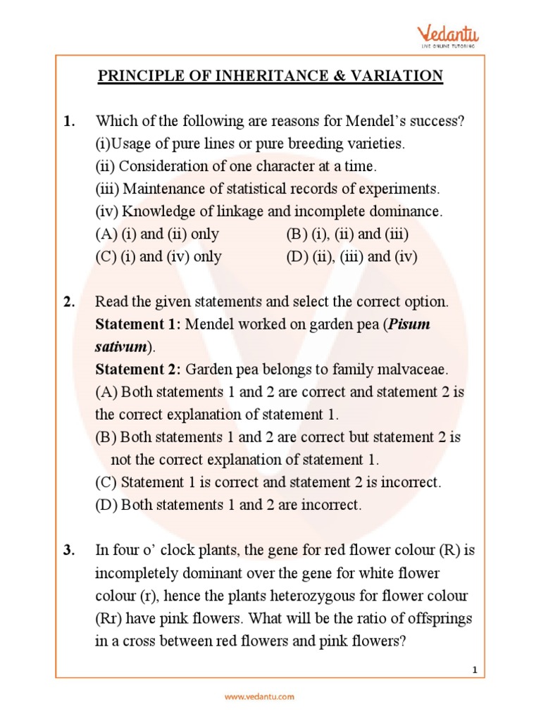 Neet Principle of Inheritance and Variation Important Questions | PDF ...